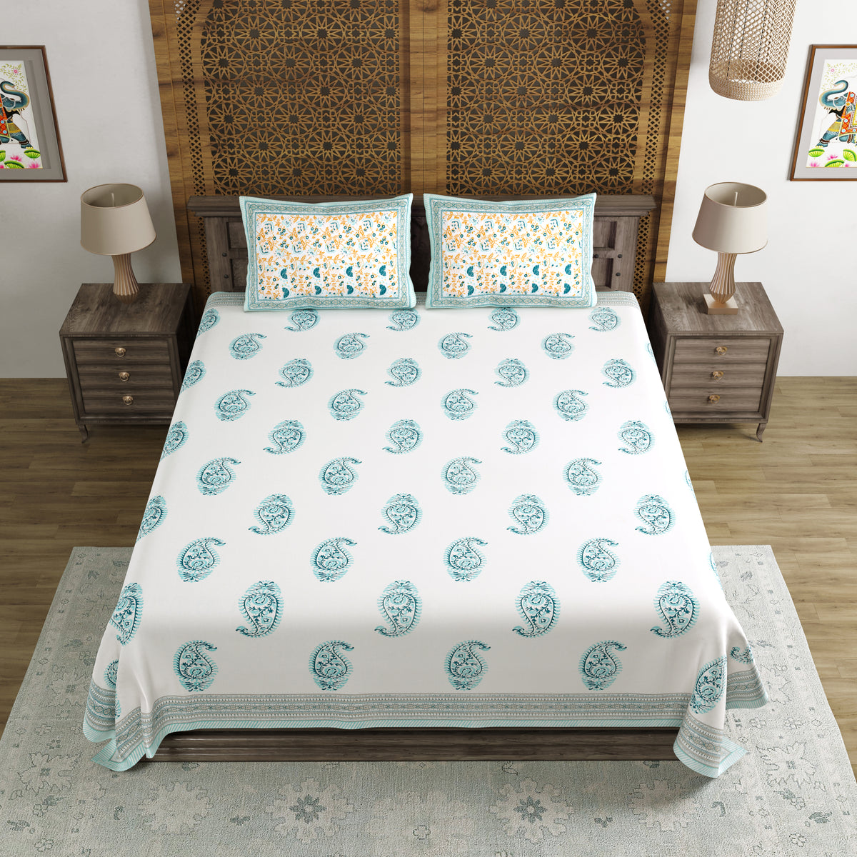 King Size Pure Cotton Hand Block Print Bedsheet (Turquoise Boota Paisl – Blocks Of India
