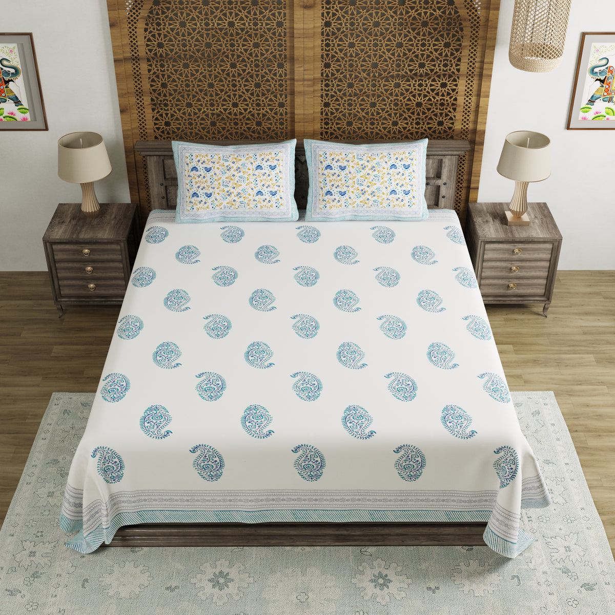 King Size Pure Cotton Hand Block Print Bedsheet (Blue Boota Paisley) – Blocks Of India
