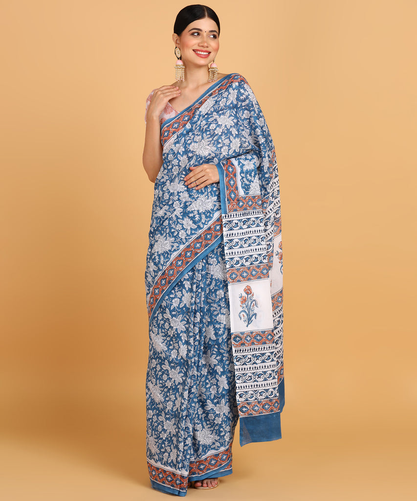 Hand Block Print Cotton Sarees For Women with Unstitched Blouse Piece ...