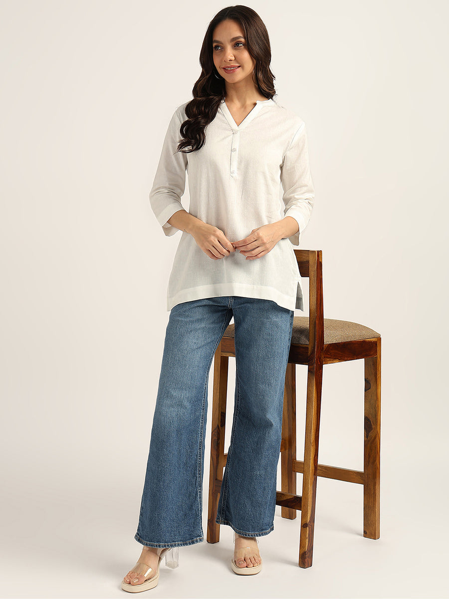 BLOCKS OF INDIA Cotton Hand Solid Color Kurti for Women - White ...