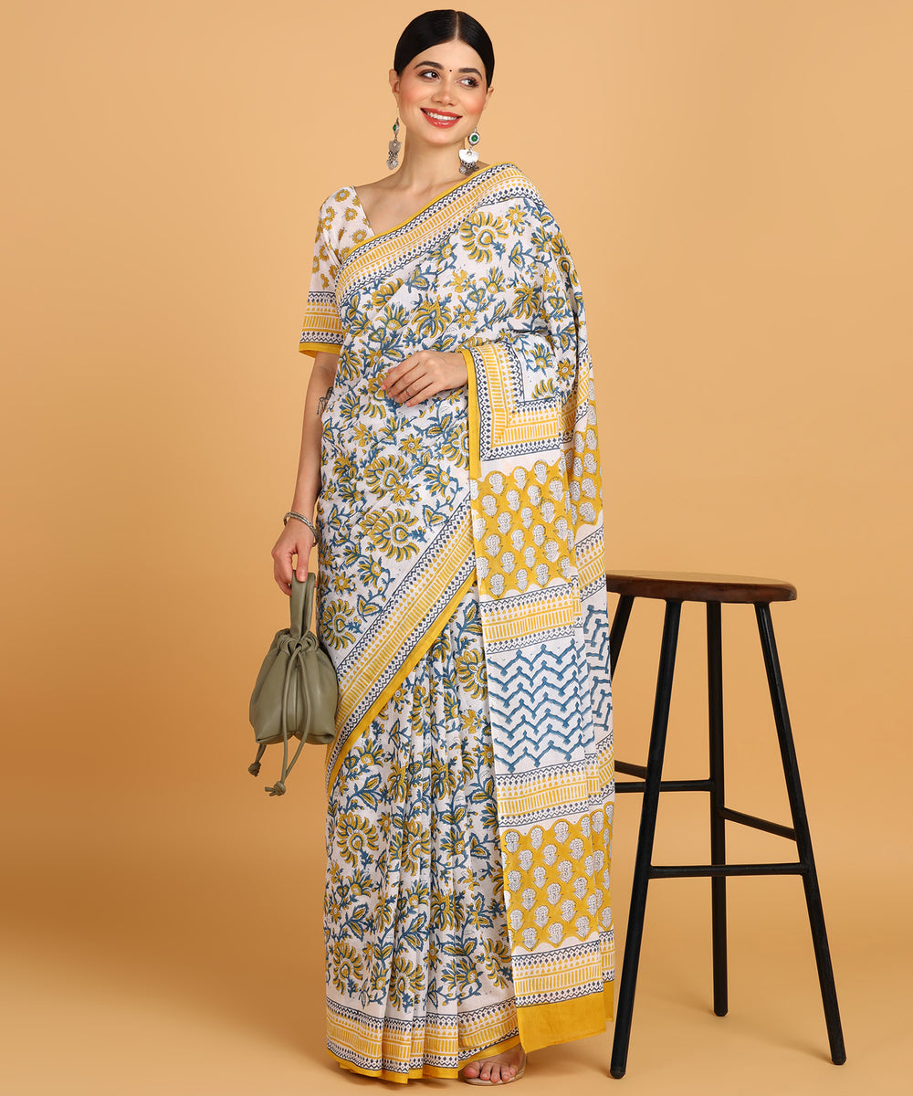 Hand Block Print Cotton Sarees For Women with Unstitched Blouse Piece ...