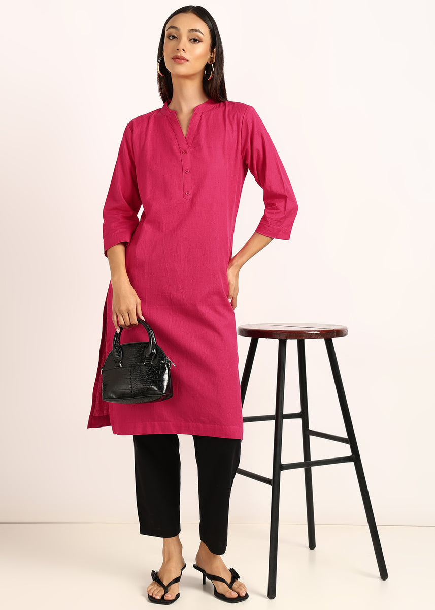 Cotton Hand Solid Long Kurti for Women Solid Pink – Blocks Of India