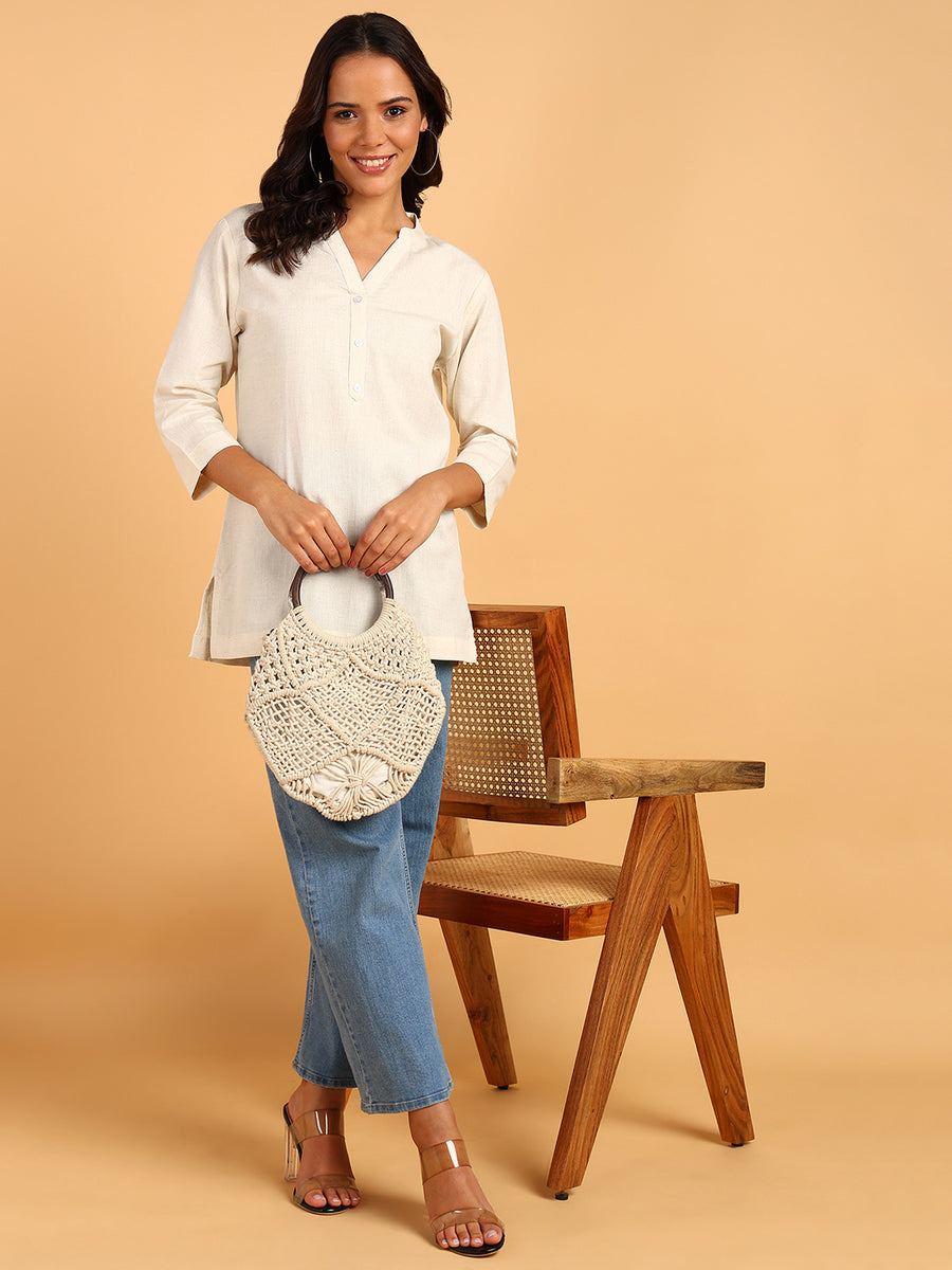 BLOCKS OF INDIA Cotton Hand Solid Color Kurti for Women - Natural Whit ...