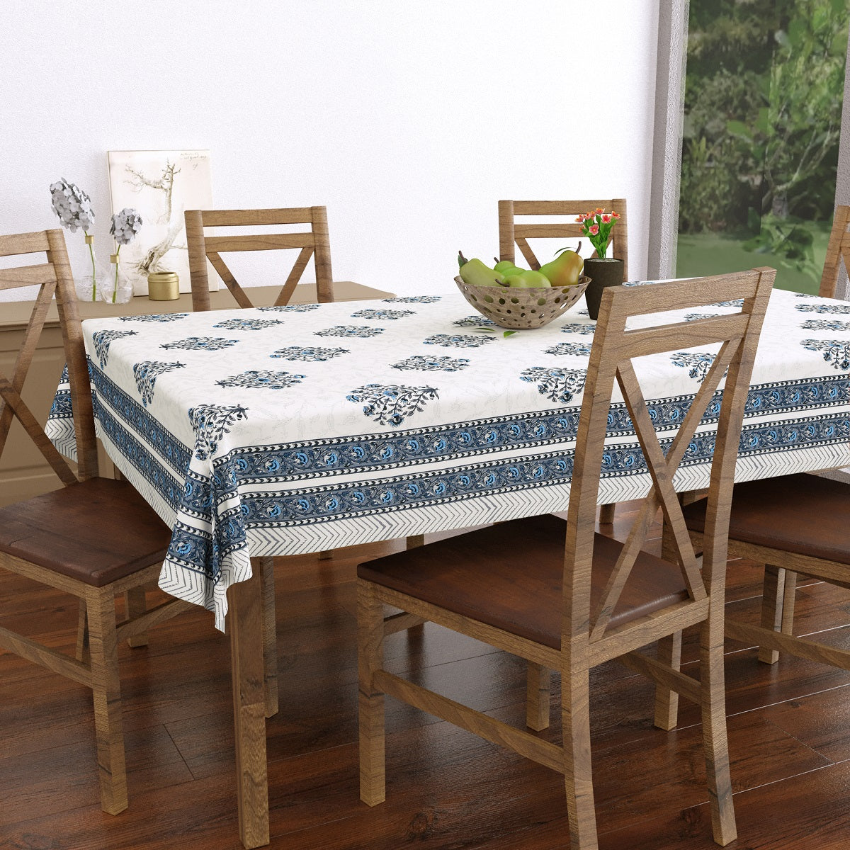 Pure Cotton Table Cloth Rajasthani Hand Block Printed( Blue Grey Buta ...