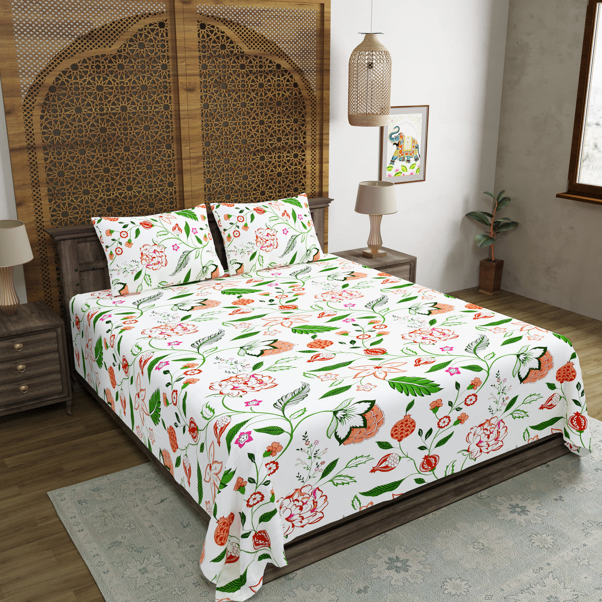 BLOCKS OF INDIA Hand Block Print Cotton King Size Bedsheet (Orange Ana ...