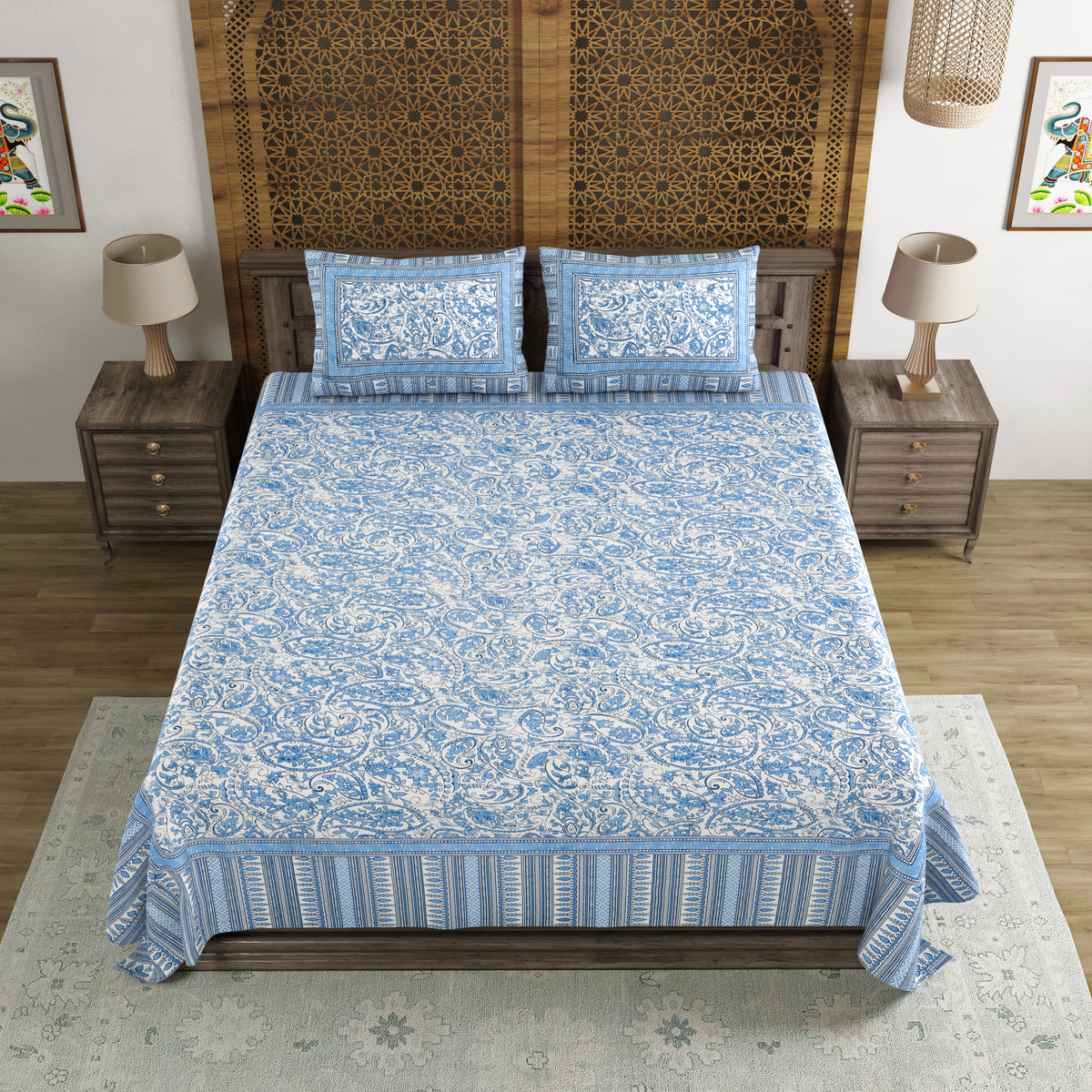 BLOCKS OF INDIA Sanganeri Print Cotton Viscose Economy King Size Bedsh ...
