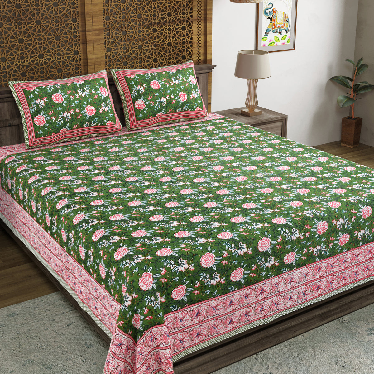 Super King Size Pure Cotton Hand Block Print Bedshee (Green Flower ...