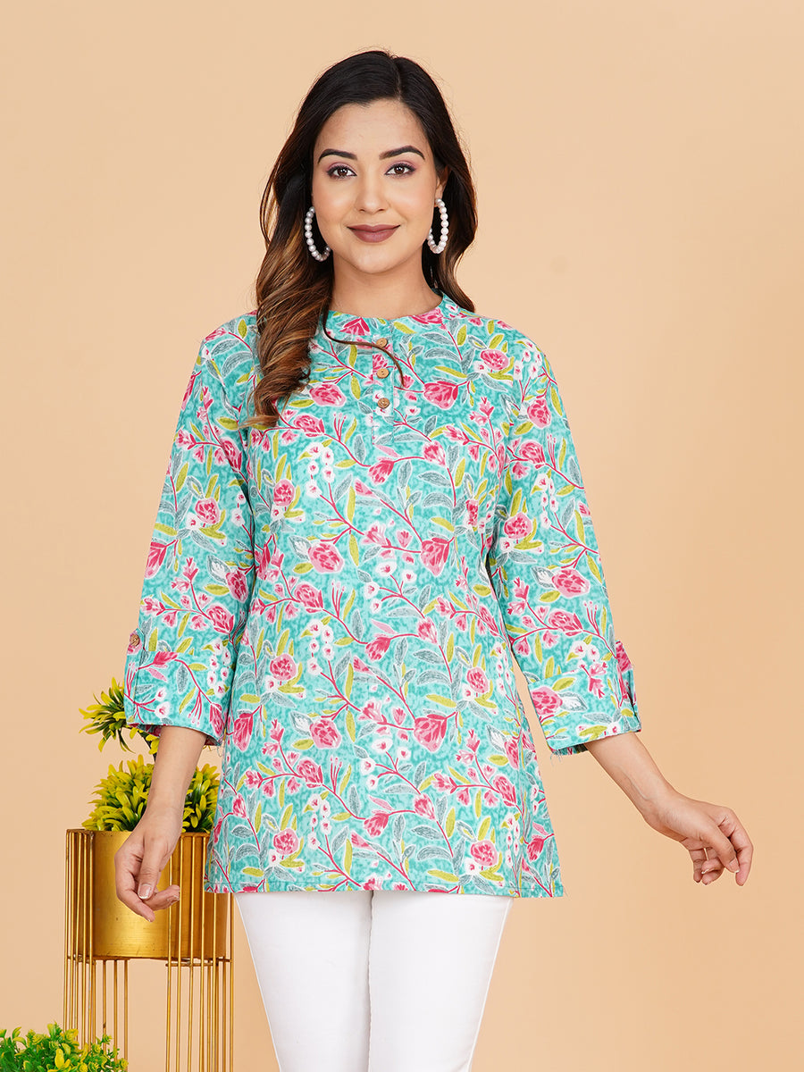 BLOCKS OF INDIA Cotton Hand Printed Short Kurti for Women Short Turquo ...
