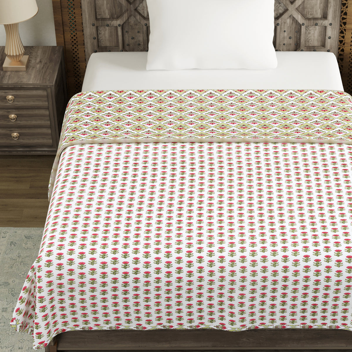 BLOCKS OF INDIA Polycotton Dohar/Blanket for Summer (GREEN FLOWER DULL ...