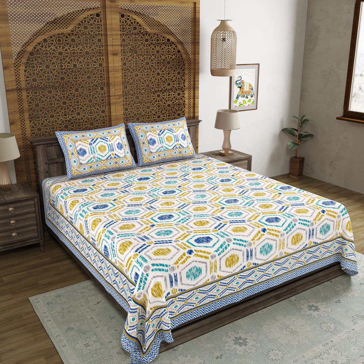 BLOCKS OF INDIA Hand Block Print Cotton King Size Bedsheet (90 X 108 I ...