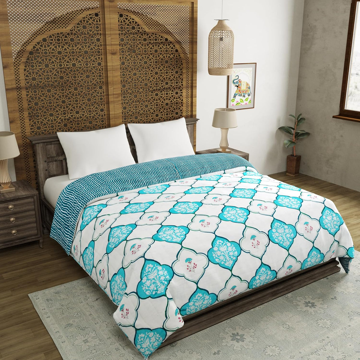 BLOCKS OF INDIA Hand Block Printed Cotton King Size Quilt (Turq Mughal ...