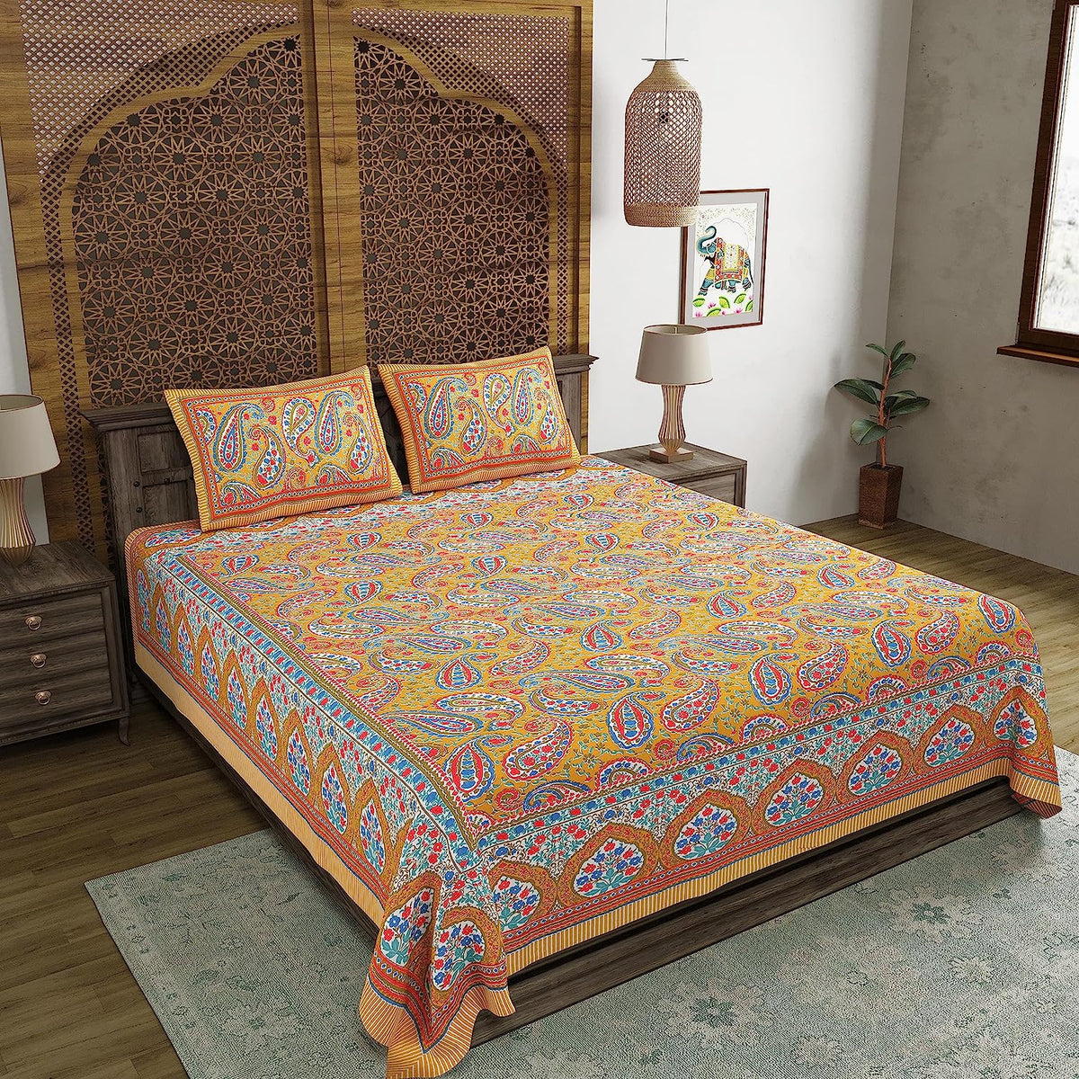 BLOCKS OF INDIA Hand Block Print Cotton King Size Bedsheet Yellow Gad ...
