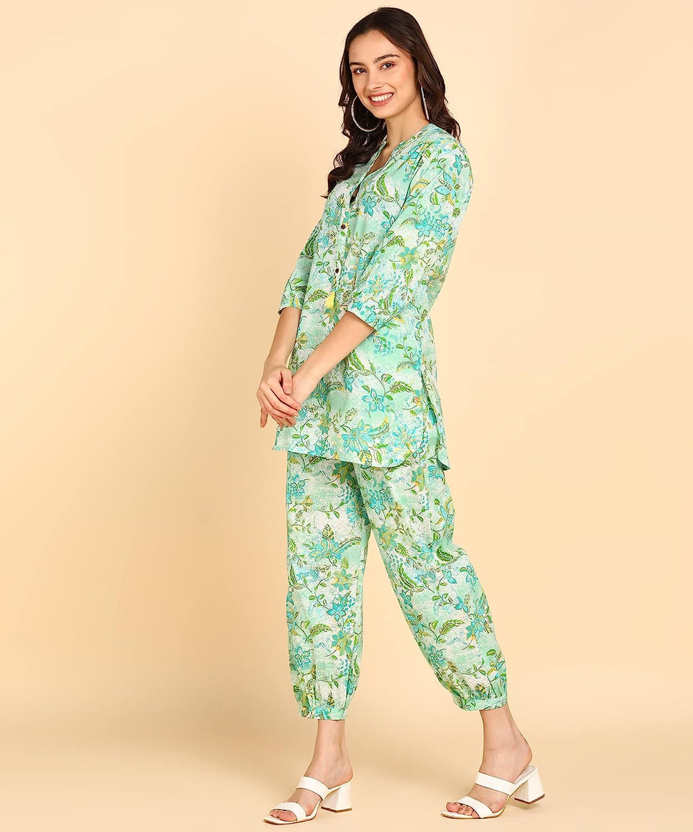 BLOCKS OF INDIA Co ords Set in Pure Cotton Green Colour Hand Block Pri ...