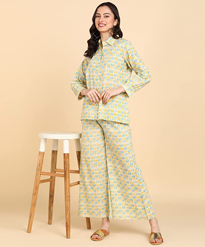 BLOCKS OF INDIA Cotton Co ords Sets Abstract Block Print (Shirt and Fl ...