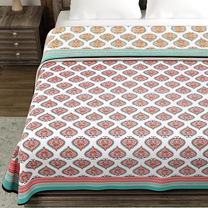 Cotton Dohar / Blanket King Bed Size Hand Block Printed (Turquoise Mot ...