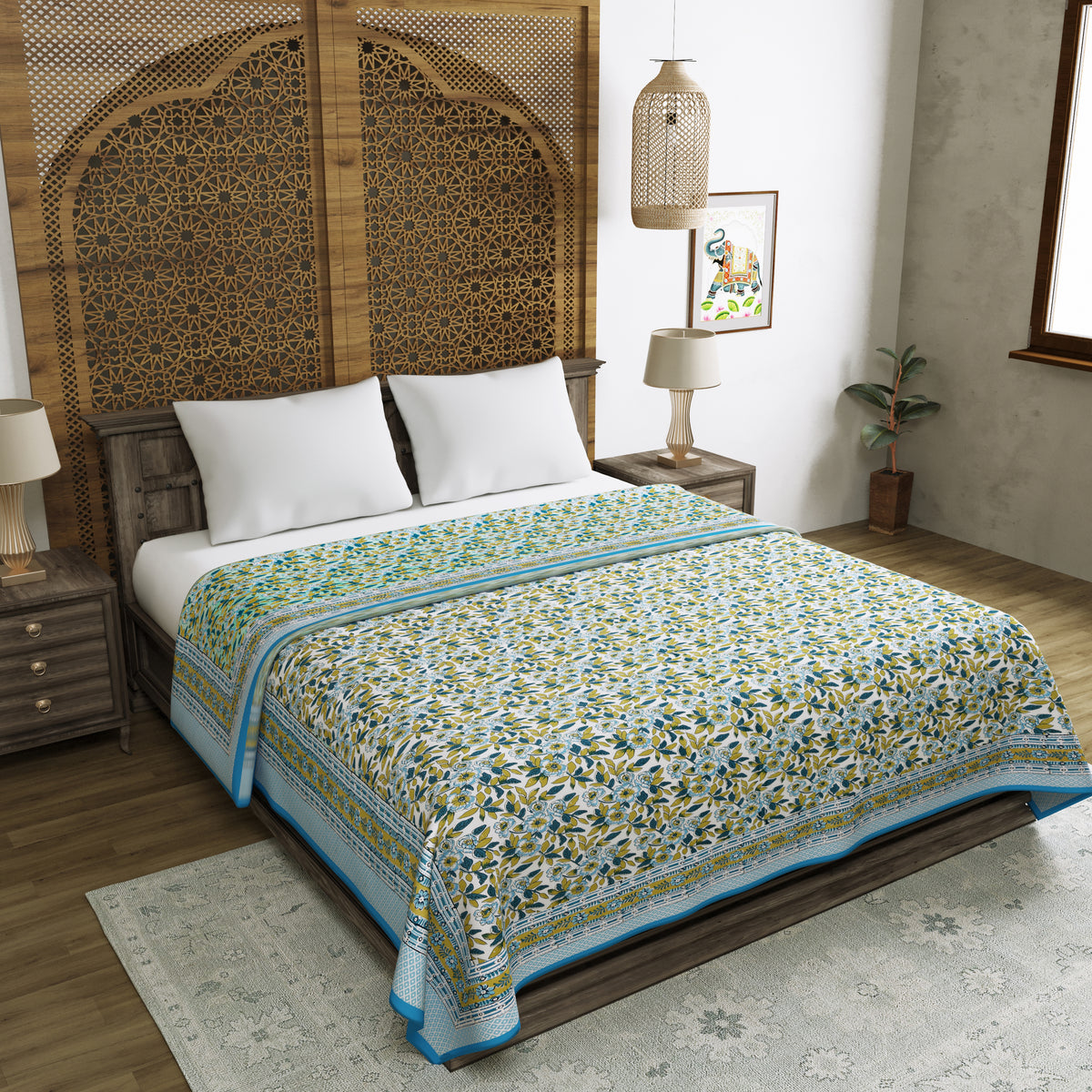 Cotton Dohar / Blanket King Bed Size Hand Block Printed, TURQUOISE BLU ...