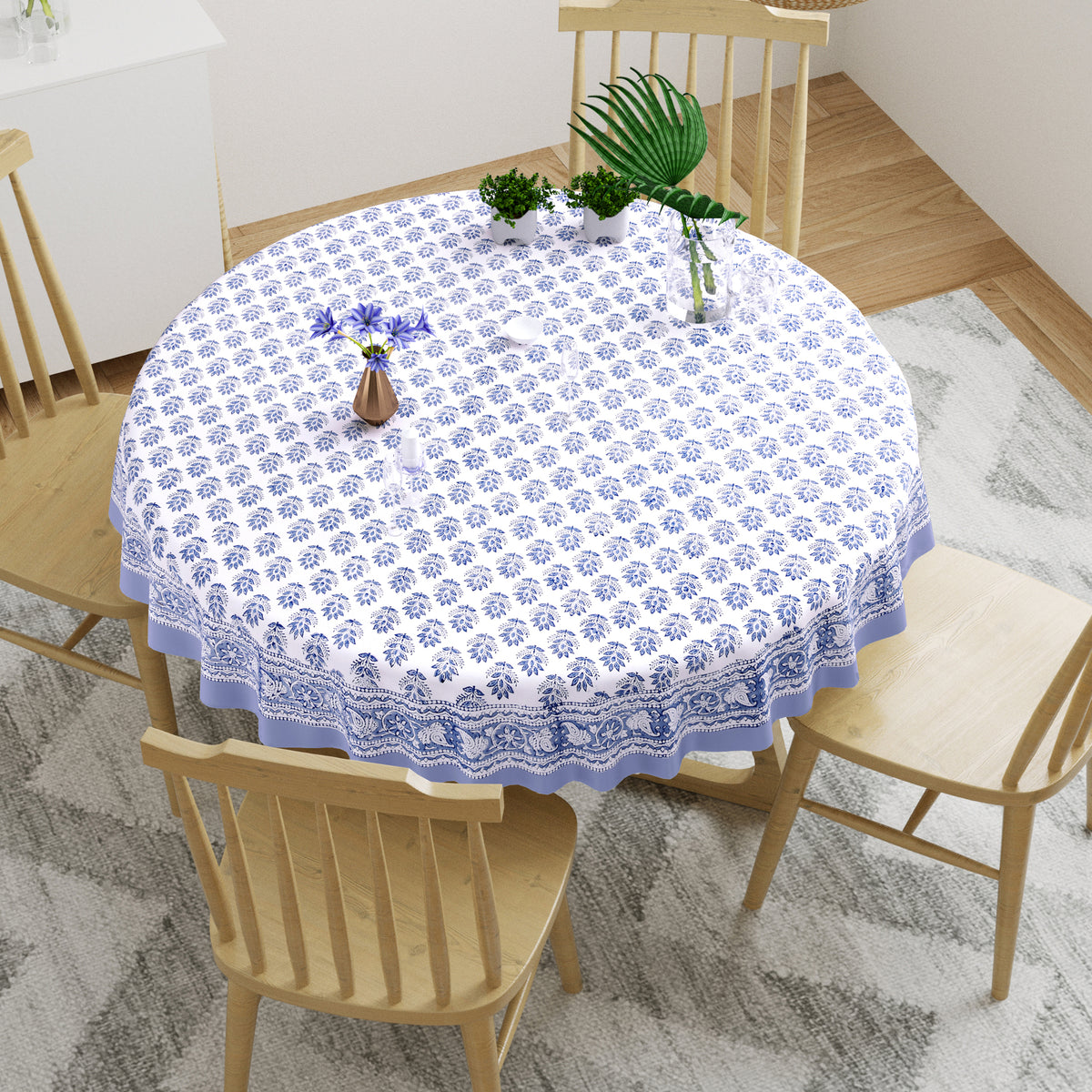Cotton Hand Block Printed 180cm Round Table Cloth Blue Buti – Blocks Of ...